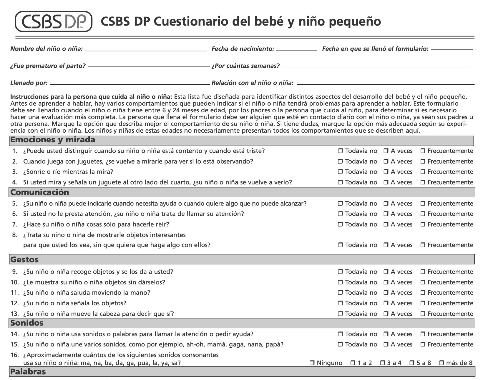 CSBS-DP Cuestionario del bebé y niño pequeño